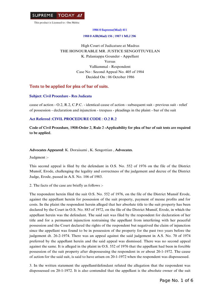 K Palaniappa Gounder Vs Valliammal 1986 0 Supreme Mad 411 | PDF ...