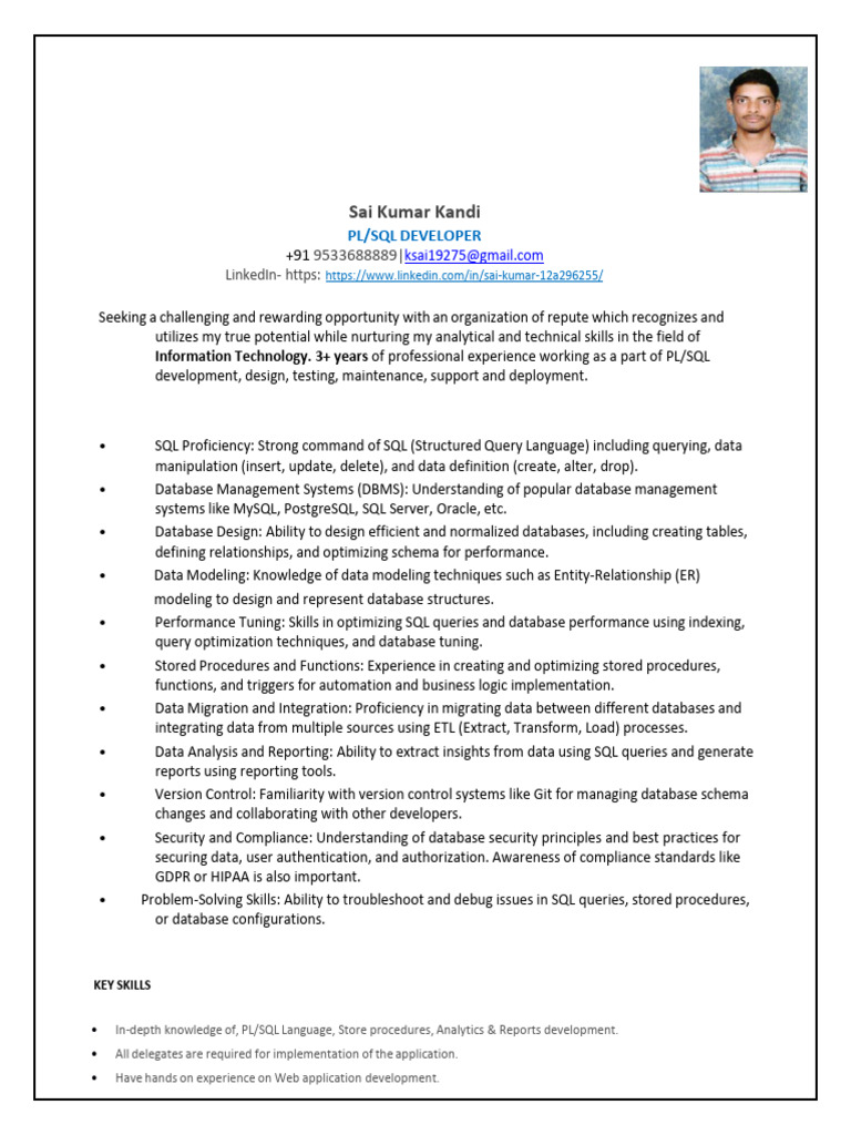 PL - SQL - Software Developer - SaiKumar | PDF | Databases | Sql