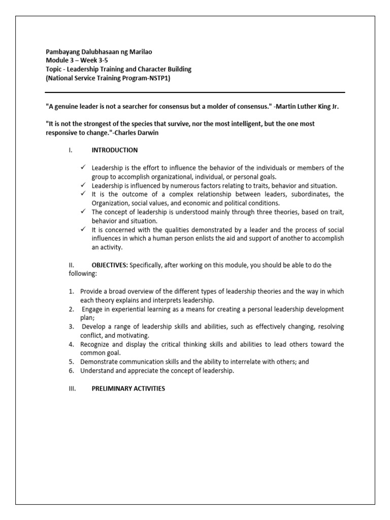 NSTP1 MODULE 3 - Week 3 5 Leadership 1 | PDF | Leadership ...