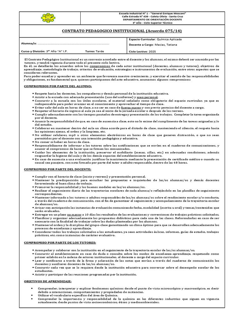 3A IP 2025_ContratoPedagogicoInstitucional | PDF | Escuelas | Evaluación