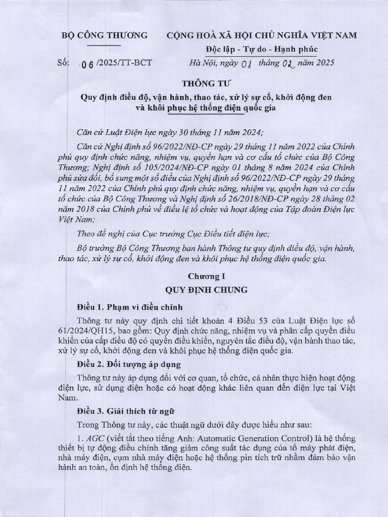 BCT-TT-06-2025.Tt-bct TT Quy Dinh Dieu Do, Van Hanh, Thao Tac, XLSC, Khoi Dong Den Va Khoi Phuc ...