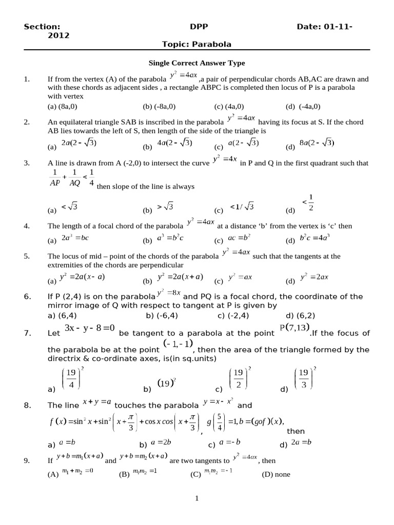 Parabola DPP 01-11-12 With Key | PDF | Perpendicular | Euclidean Plane ...
