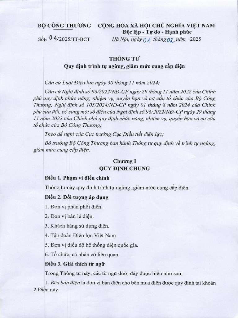 BCT-TT-04-2025.Tt-bct Thong Tu Quy Dinh Trinh Tu Ngung Giam Muc Cung Cap Dien | PDF