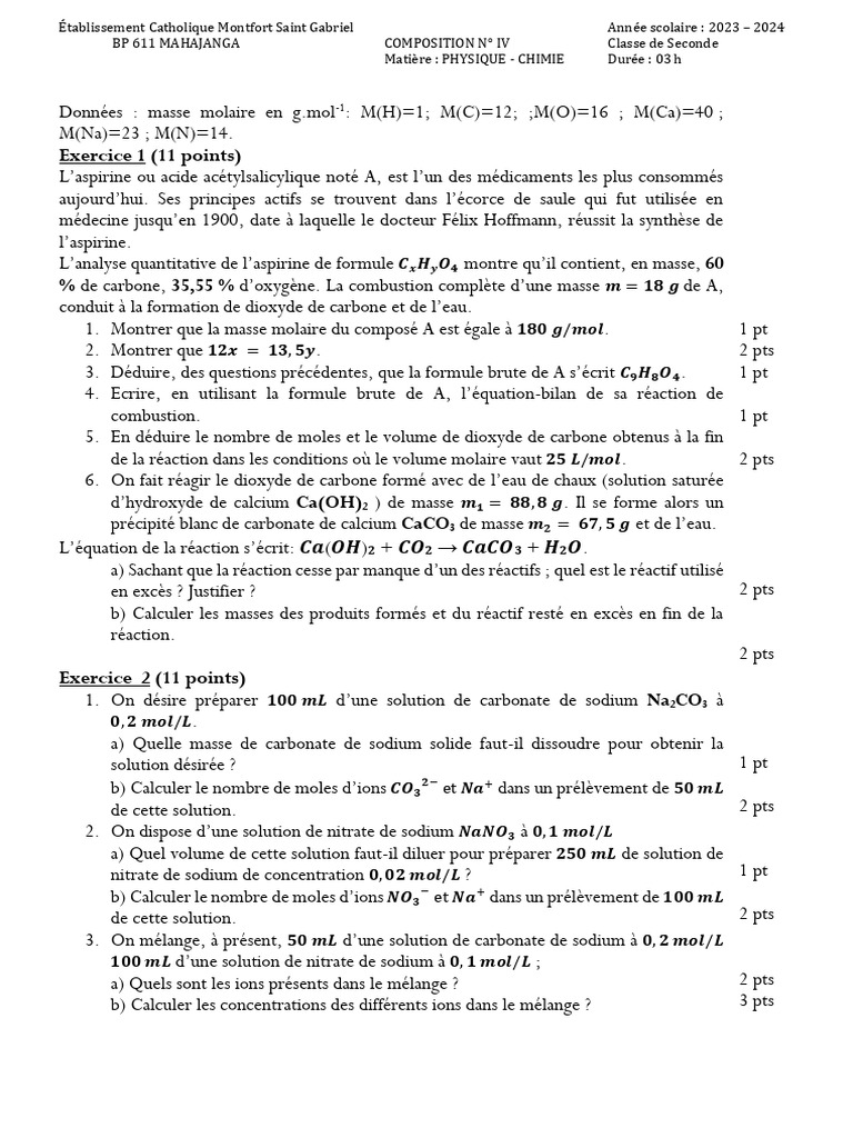 Examen de Physique-Chimie Seconde 2023-2024 | PDF | Aspirine | Ion