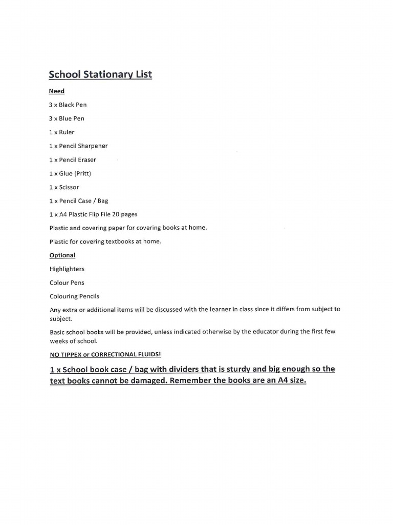 GR 8 Stationary List | PDF