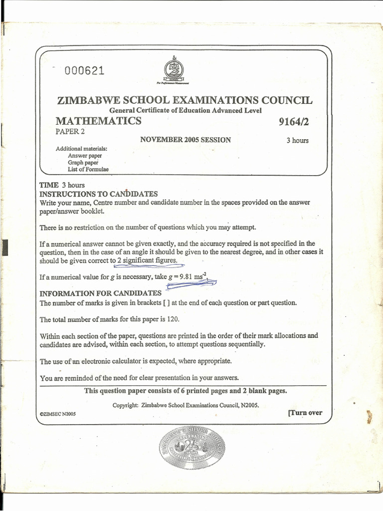 Zimsec Nov 2005 Paper 1 and 2 | PDF | Circle | Elementary Geometry