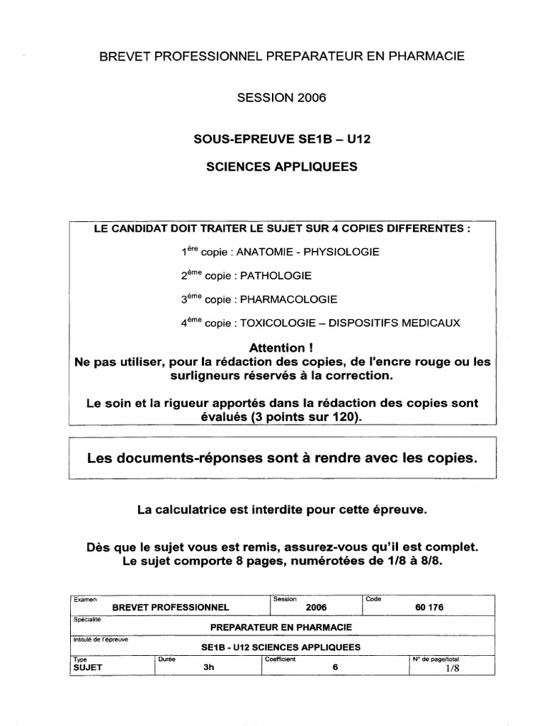 Annale 2006 - PP1B - Anat Physio Patho Pharmaco | PDF