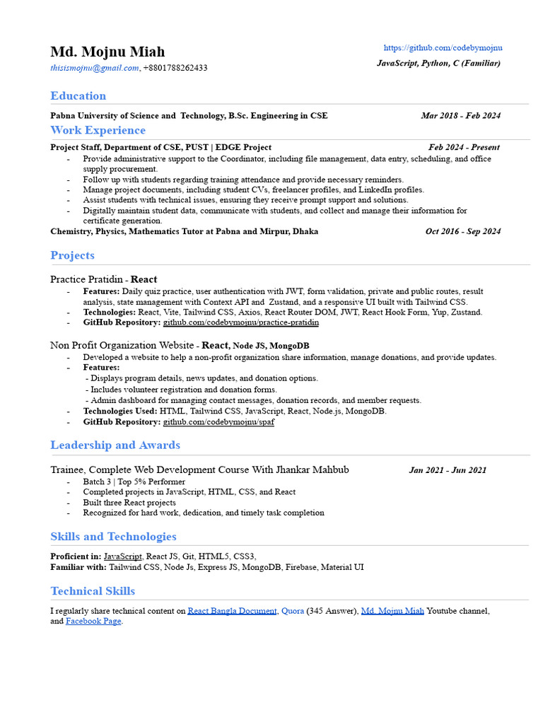 Mojnu Miah - CV | PDF | Java Script | Computing
