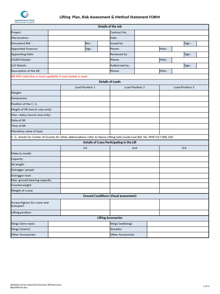 PMF-017-HSE-151 02 Lifting Plan & Risk Assessment & Method Statement Form | PDF | Crane (Machine ...