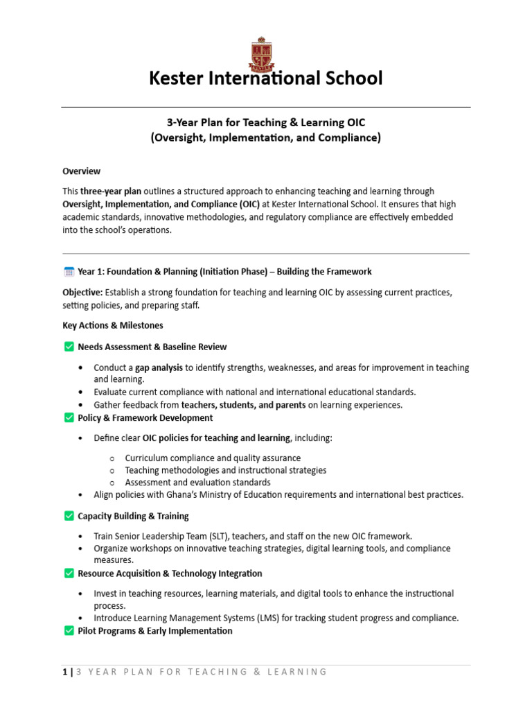 Three Year Plan For Teaching and Learning Oic | PDF | Educational ...