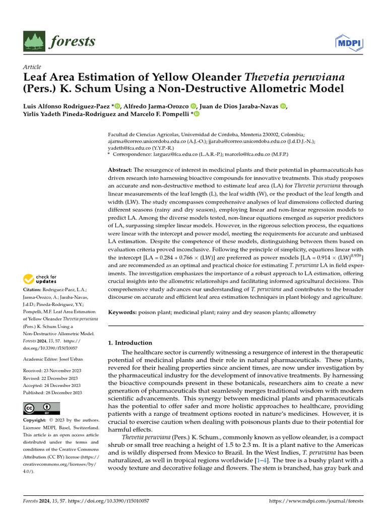 Leaf Area Estimation of Yellow Oleander (Pers.) K. Schum Using A Non-Destructive Allometric ...