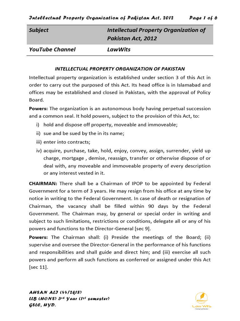 Pakistan Intellectual Property Act 2012 | PDF | Policy | Federal ...