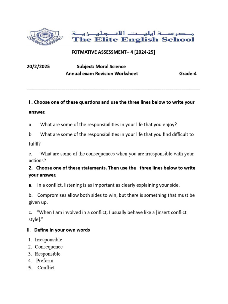 Grade 4 Moral Science Revision Worksheet | PDF