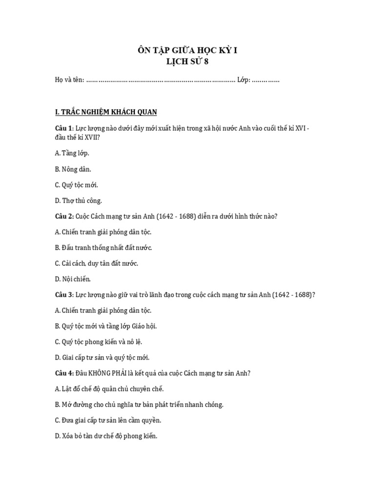 On Tap Giua Ky I Lich Su 8 No Answers | PDF