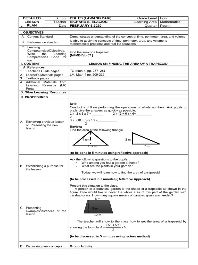 COT Area of Trapezoid | PDF | Area | Teachers