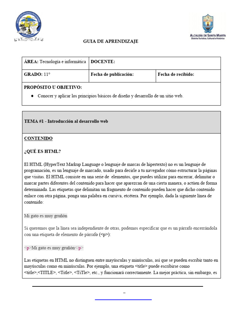 Guía de aprendizaje #2 Grado 11° - 2023 | PDF | HTML | Lenguaje de marcado