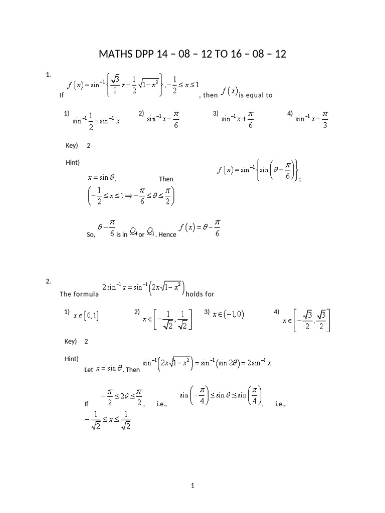 DPP 14-08-12 QP With Key - Solutions | PDF | Numbers | Equations