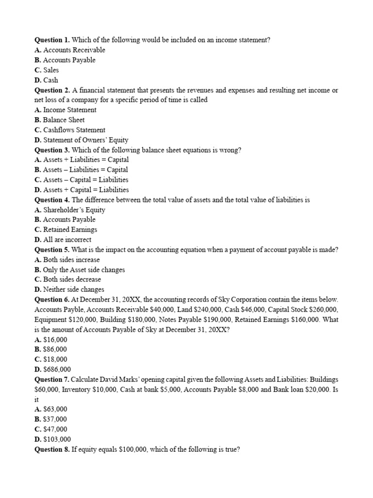 Income Statement and Balance Sheet Quiz | PDF | Equity (Finance ...