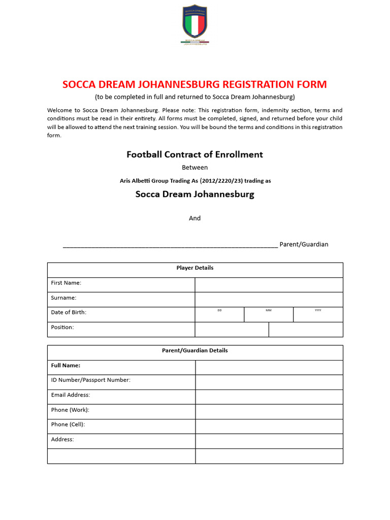 Socca Dream Johannesburg Registration Form 2025 | PDF | Private Law