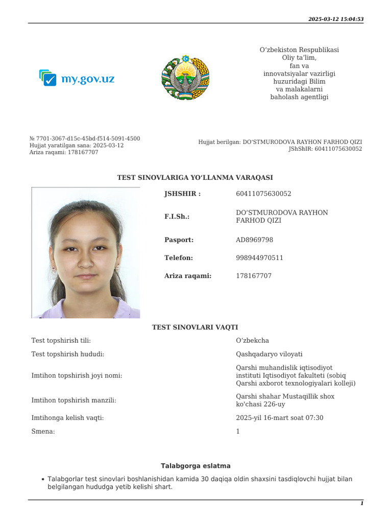 Test Sinovlariga Yo Llanma Varaqasi Jshshir: F.I.Sh.: Pasport: Telefon ...