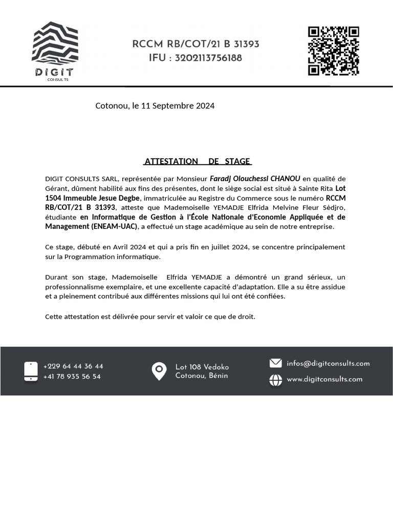 Attestation de stage d'Elfrida Yemadje | PDF