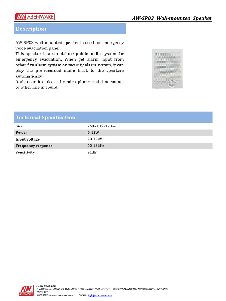 AW-SP03 Wall-Mounted Speaker Datasheet 20231103 | PDF