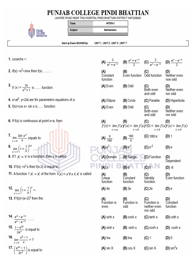 12thmath MCQs SendUp | PDF | Ellipse | Equations