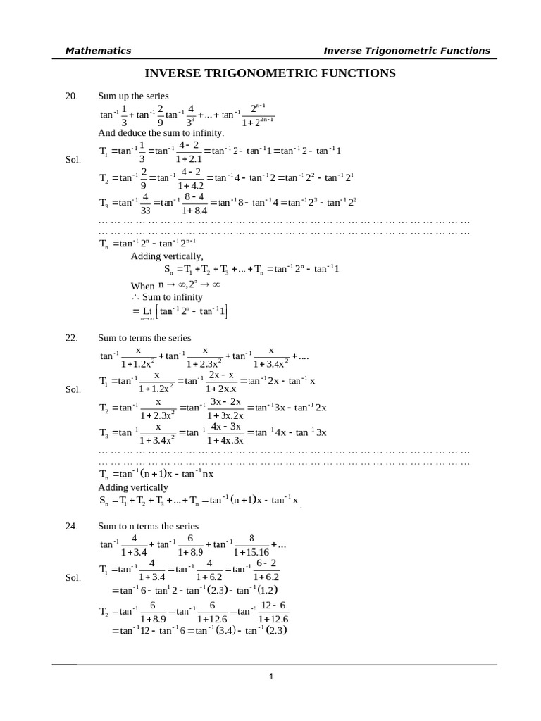 Inverse Trigonometric Functions QP With Solutions | PDF | Equations | Trigonometric Functions