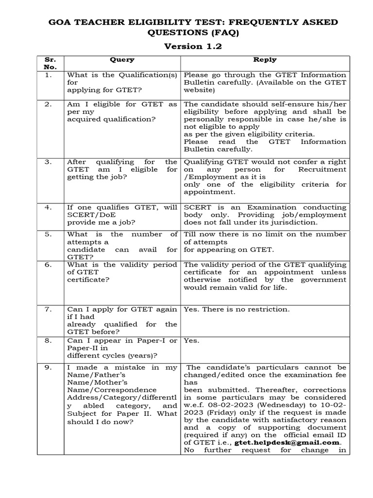 Goa Teacher Eligibility Test Frequently Asked Questions | PDF