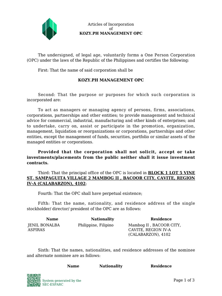 Articles of Incorporation-OPC | PDF | Corporations | Private Sector