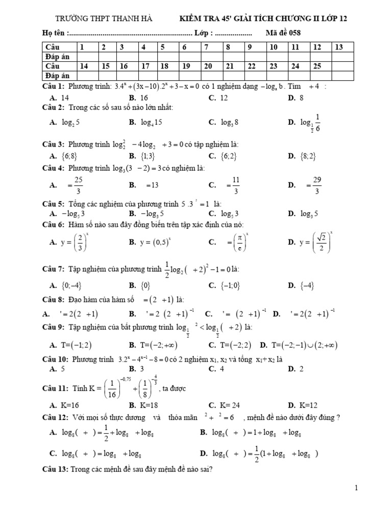 Kiem Tra 45 Phut Giai Tich 12 Chuong 2 Mu Logarit Truong Thpt Thanh Ha Hai Duong | PDF