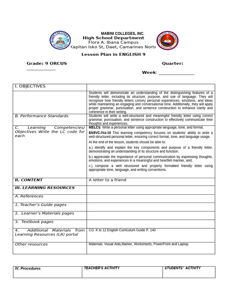 English 9 Lesson Plan: Friendly Letters | PDF | Lesson Plan | Human ...