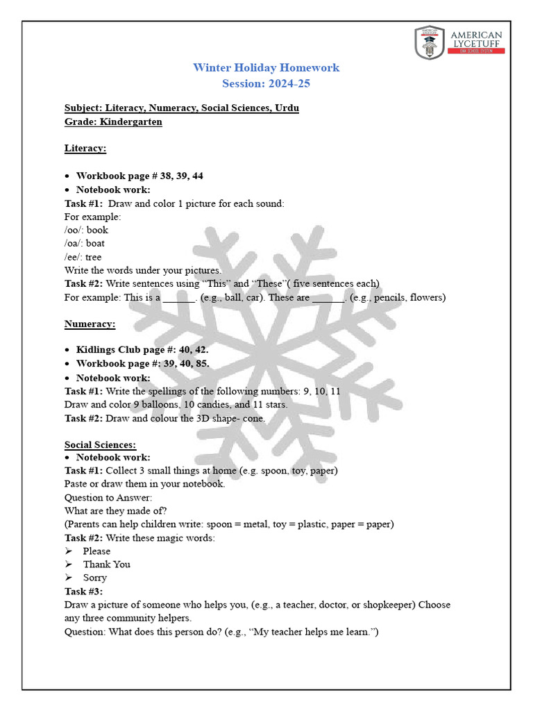 ALS-KG-Winter Holidays Homework 2024-25 | PDF
