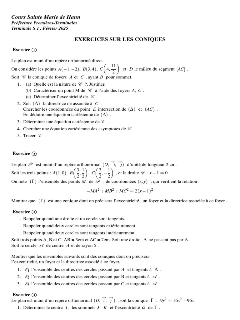 202425 TS1 Exercices sur les coniques | PDF | Physique mathématique | Géométrie différentielle