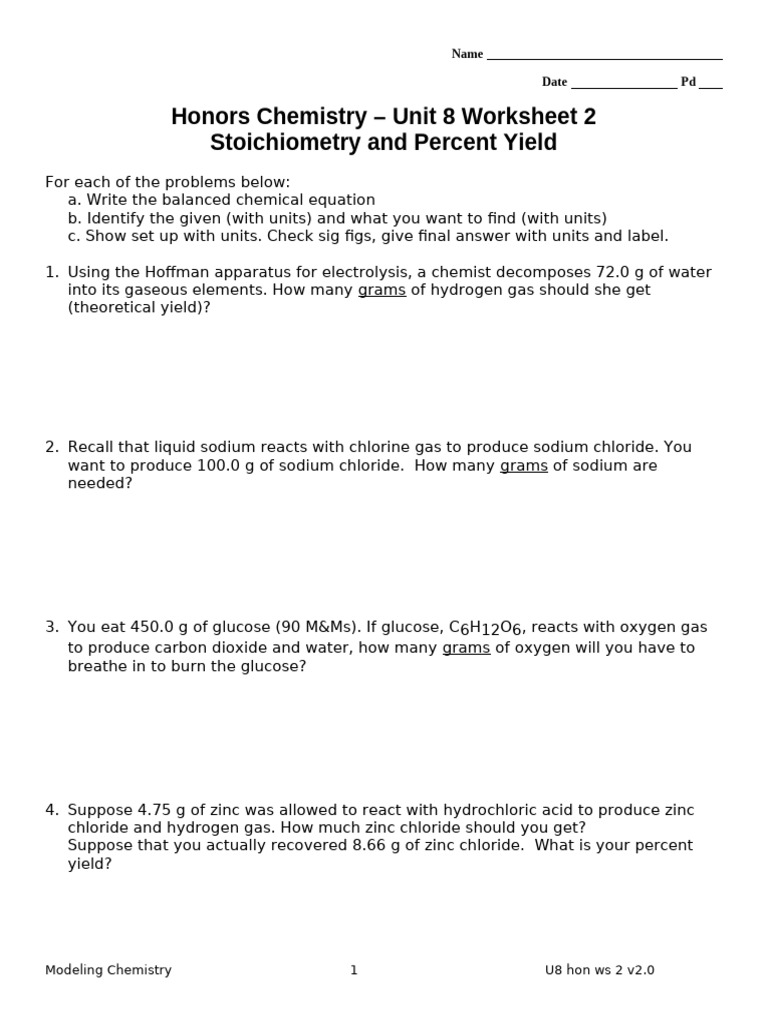 Stoichiometry and Percent Yield Worksheet | PDF