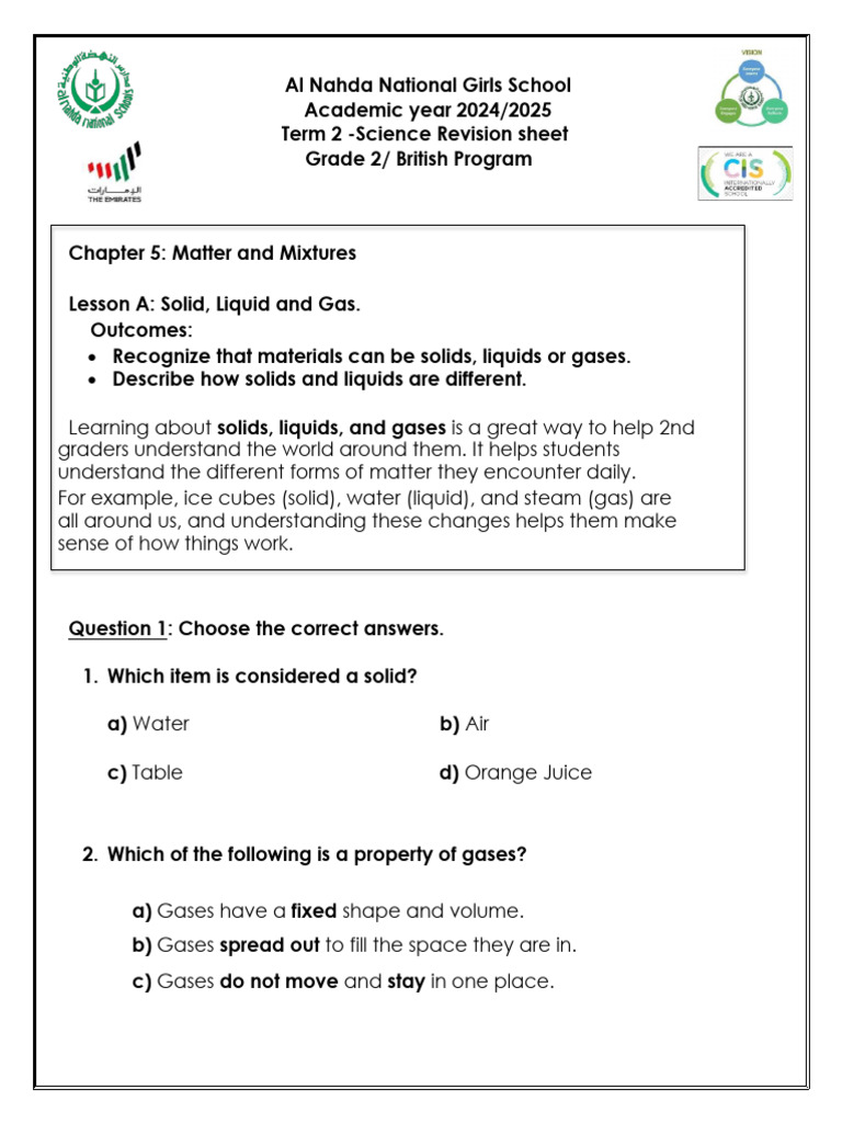 Grade 2 Science: Matter & Mixtures Revision | PDF