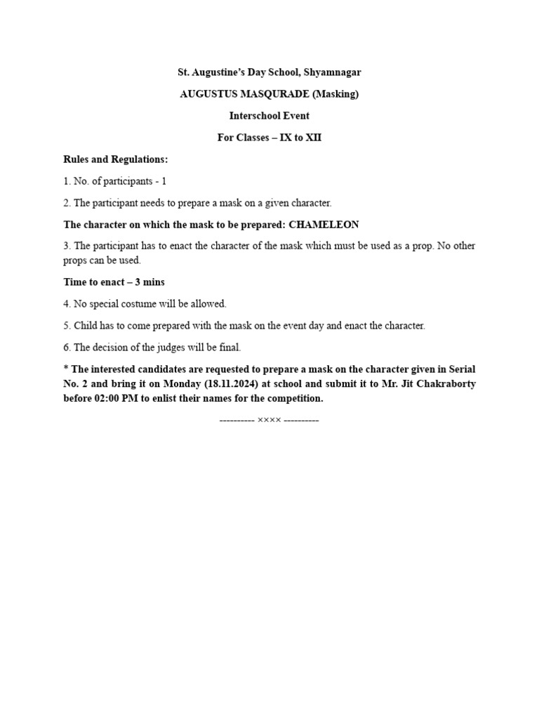 AUGUSTUS MASQURADE (Masking) Rules and Regulations | PDF