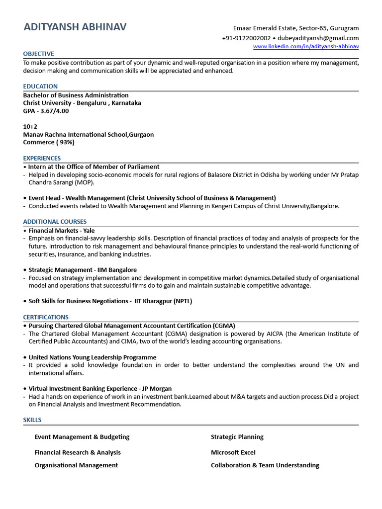 Adityansh Abhinav - Resume | PDF | Business Economics | Economies