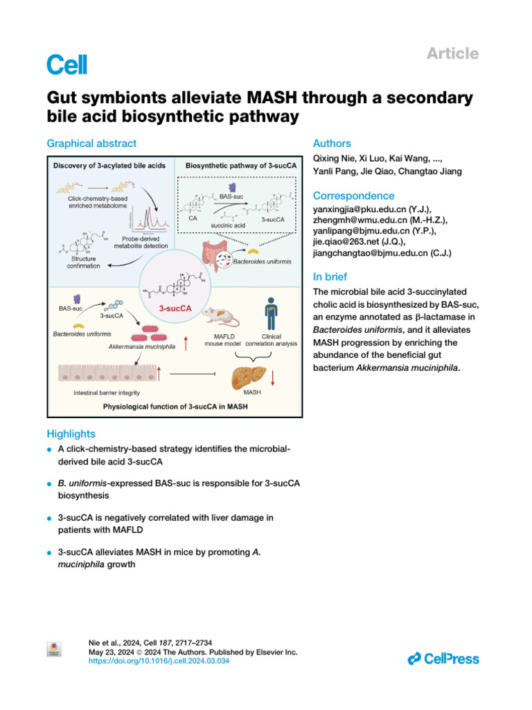 Gut Symbionts Alleviate MASH Through A Secondary Bile Acid Biosynthesis ...