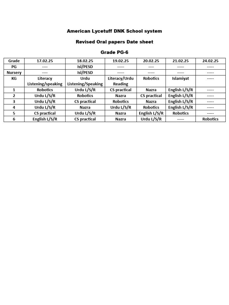DNK School Oral Papers Date Sheet PG-6 | PDF