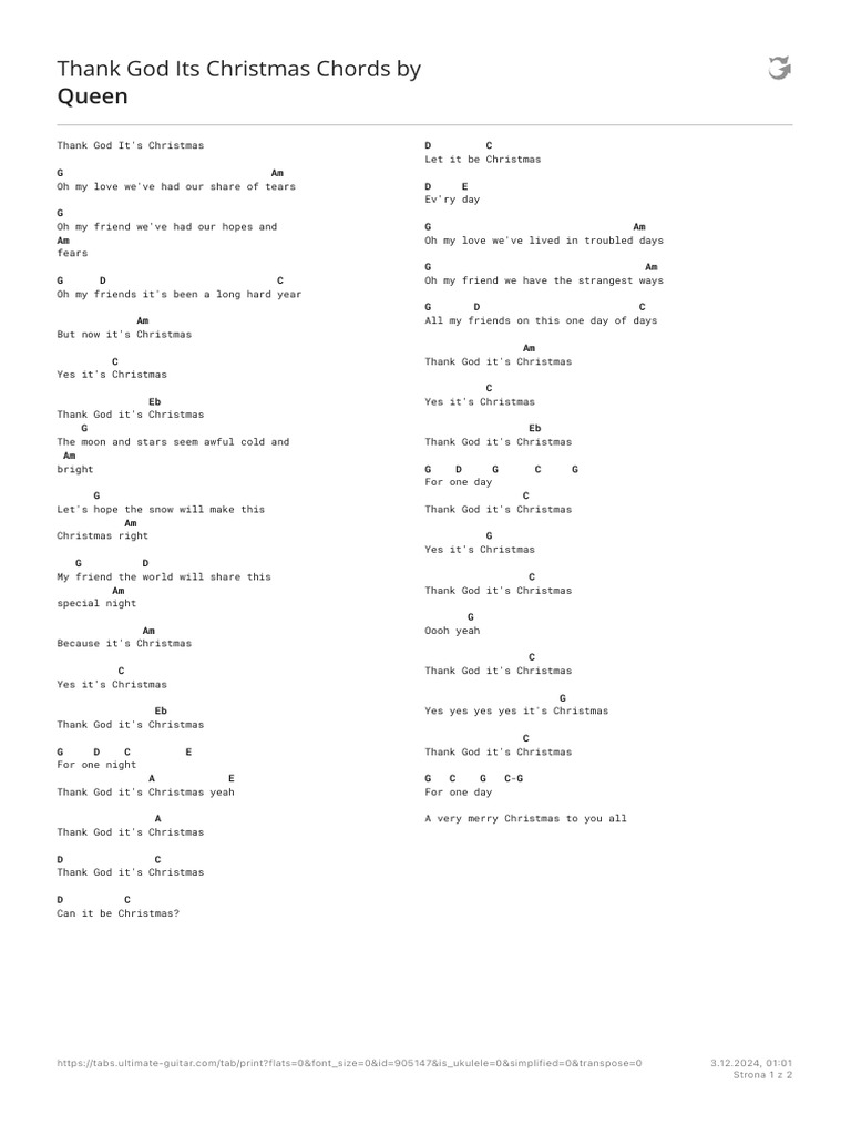 Queen Thank God It's Christmas Chords | PDF