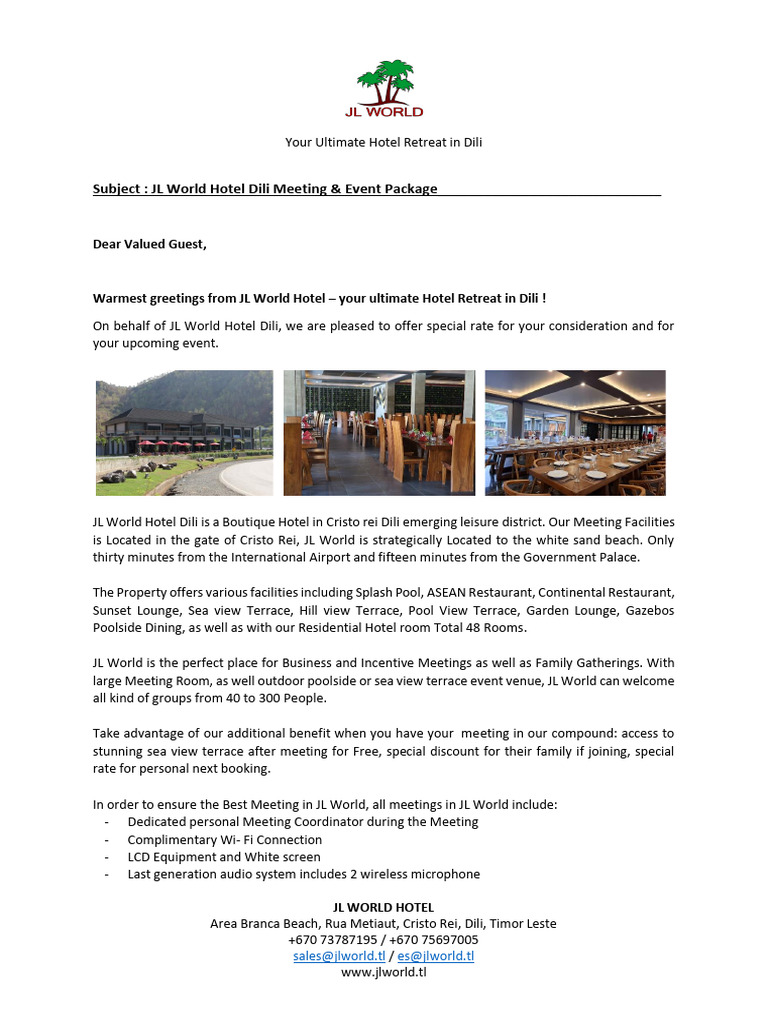 JL World Hotel Dili Event Packages | PDF | Thai Cuisine | Tofu