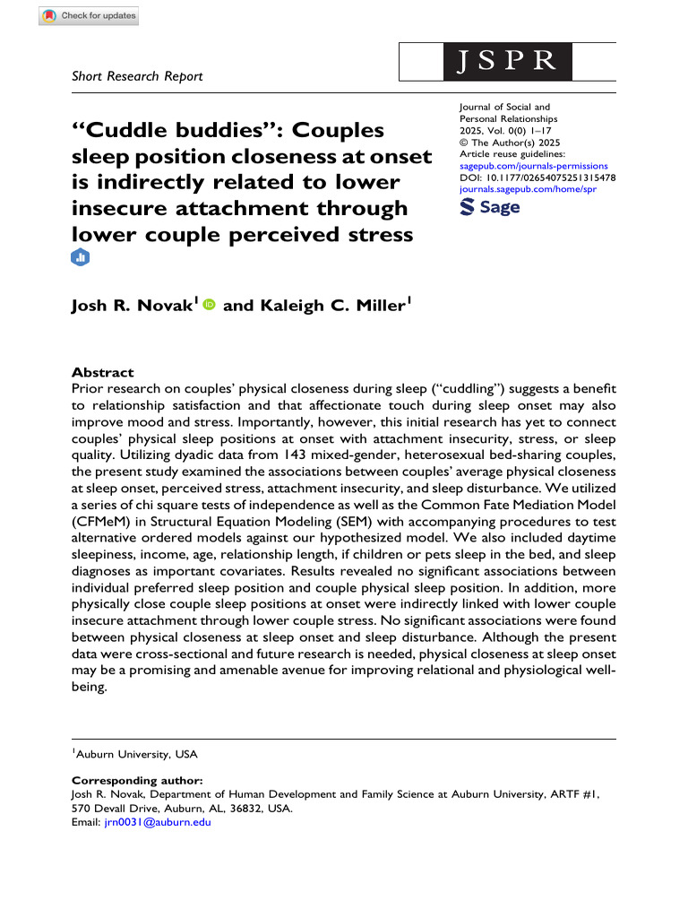 "Cuddle Buddies" - Couples Sleep Position Closeness at Onset Is ...