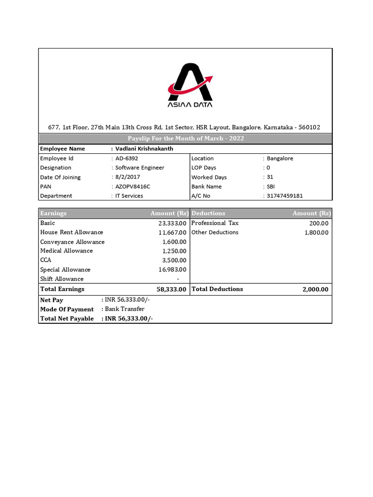March 2022 Payslip for Vadlani Krishnakanth | PDF
