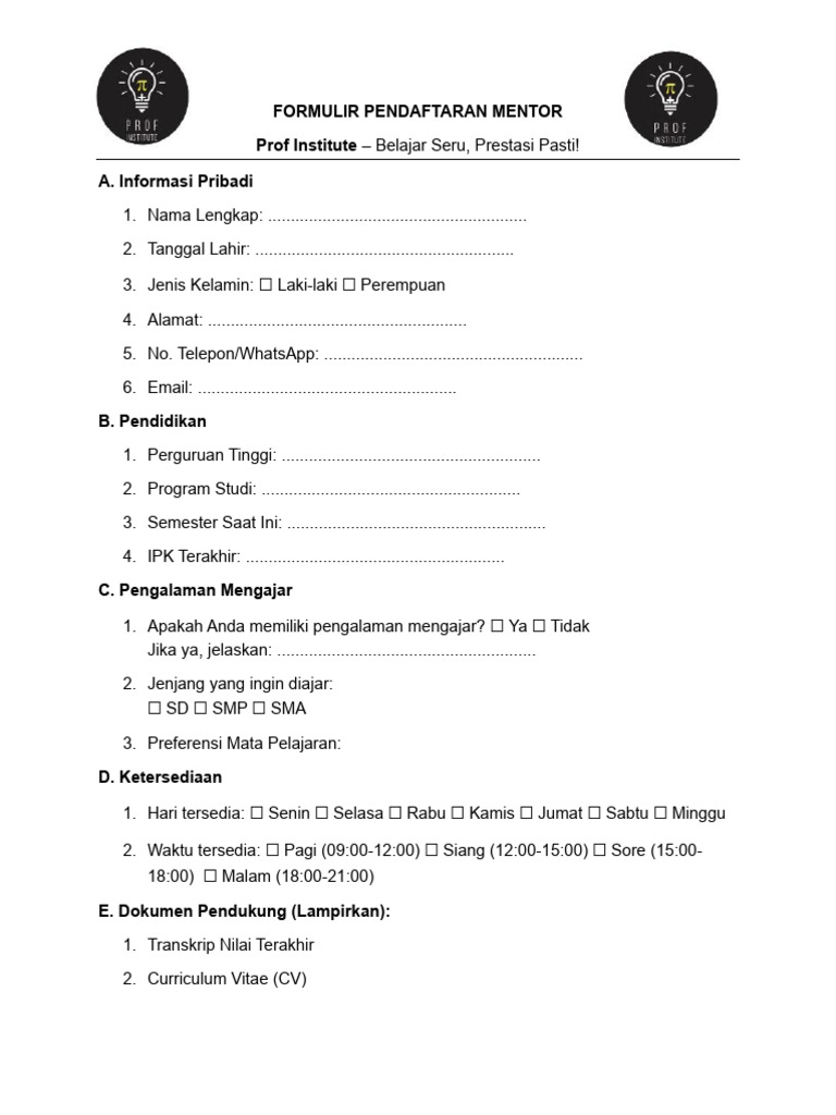 Formulir Pendaftaran Mentor | PDF