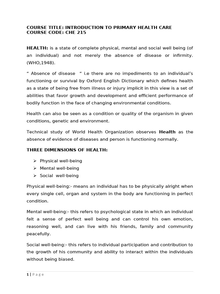 Che 215 Introduction To Primary Health Care | PDF | Witchcraft | Health ...