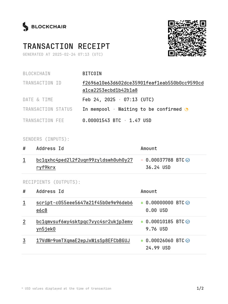 Bitcoin Transaction Receipt - Feb 2025 | PDF