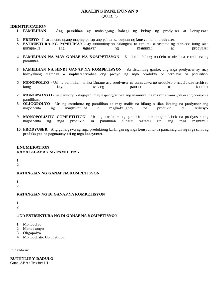 AP 9 Q2 Quiz - Pamilihan | PDF