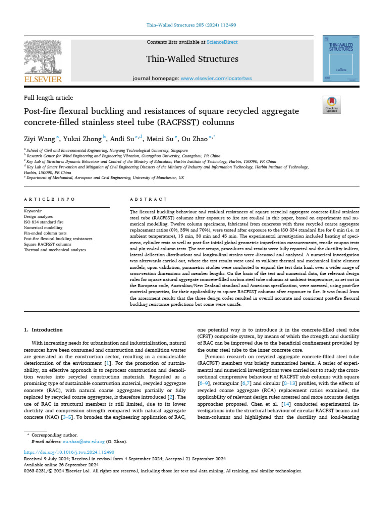 Post-Fire Flexural Buckling and Resistances of Square Recycled ...