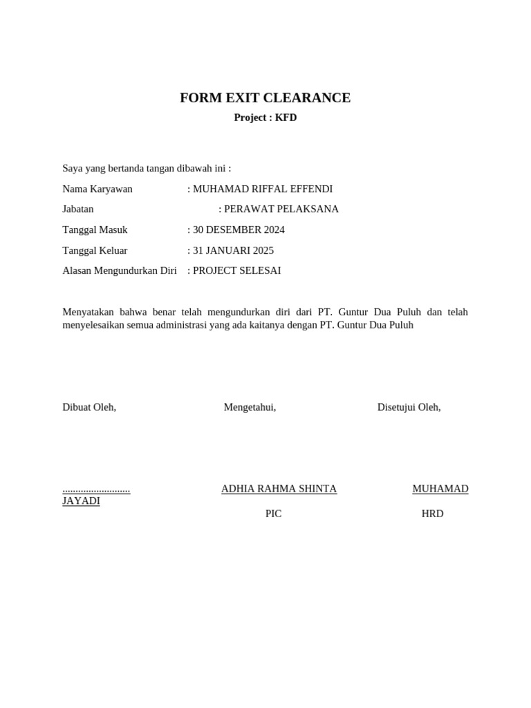 Contoh Form Exit Clearance Karyawan | PDF